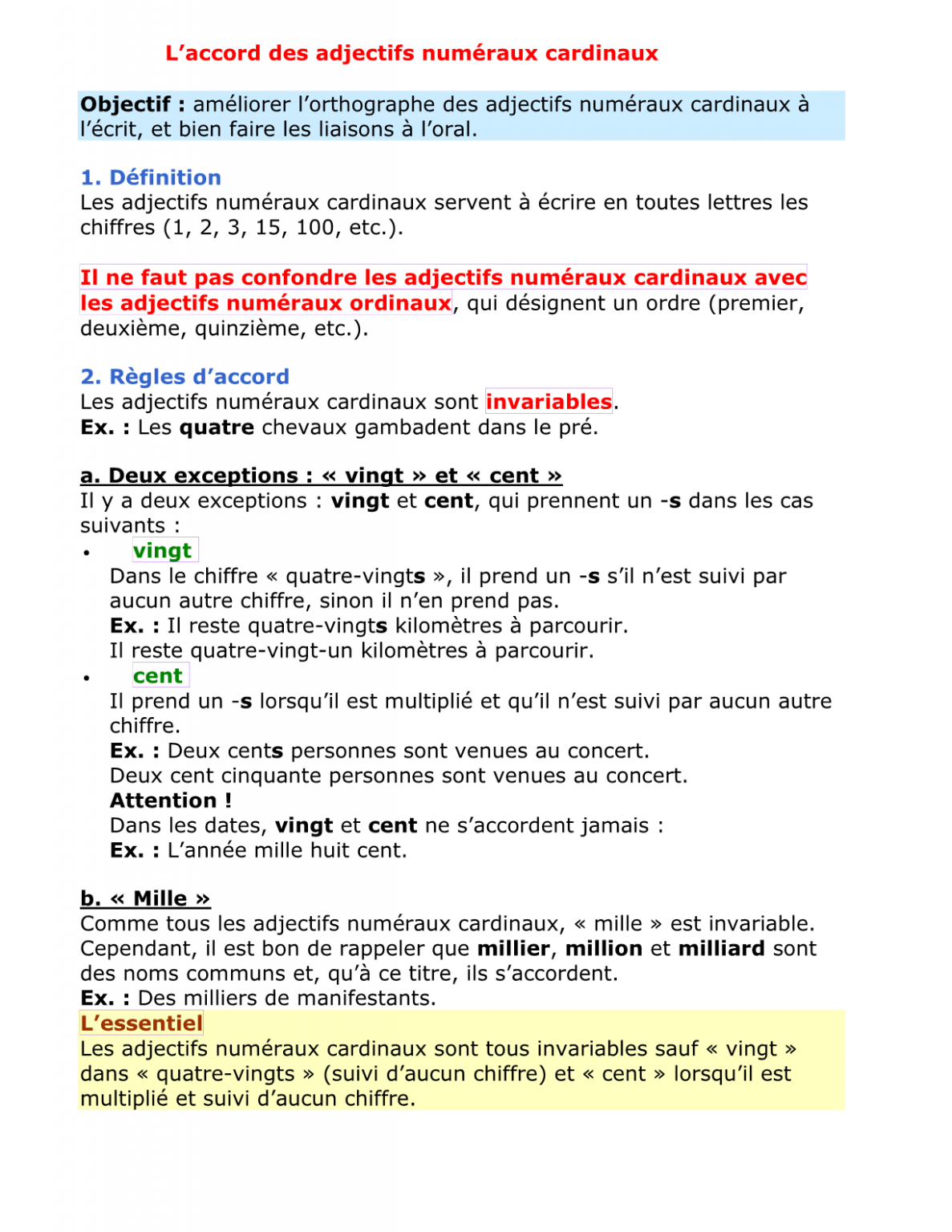 درس L’accord des adjectifs numeraux cardinaux للسنة الأولى إعدادي | الدراسة