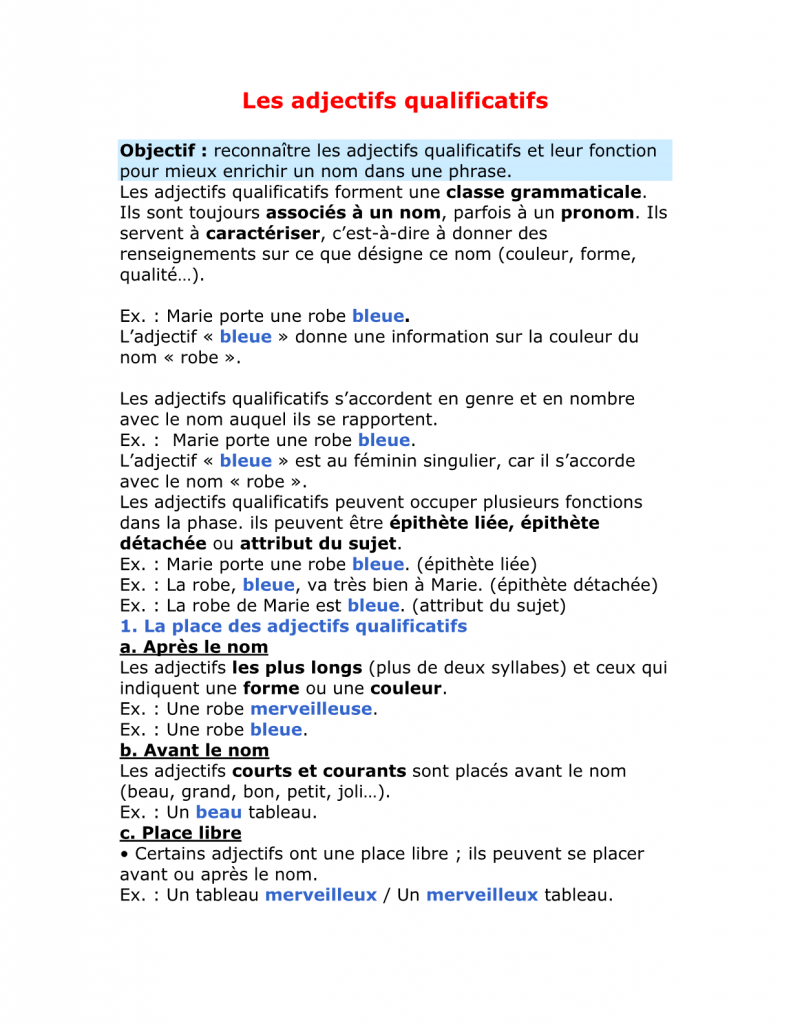 Les adjectifs qualificatifs للسنة الأولى إعدادي | الدراسة