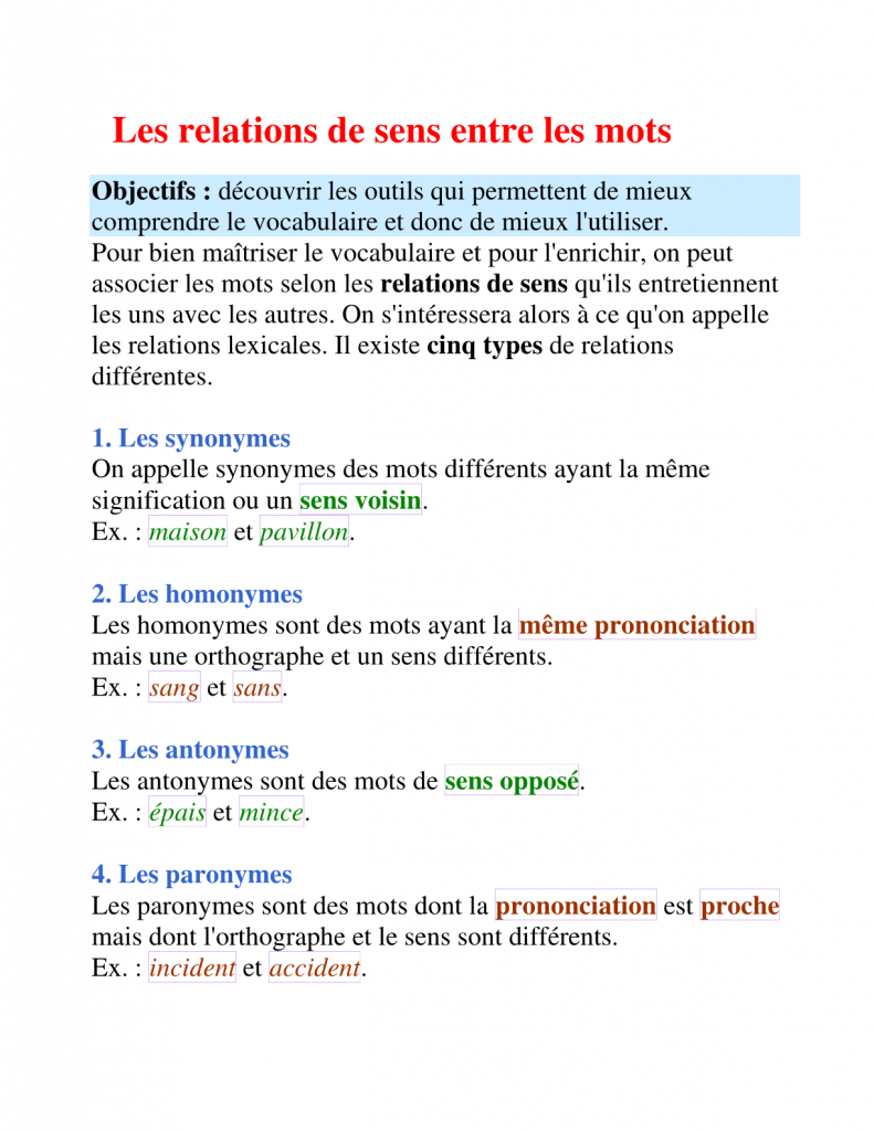 درس Les relations de sens entre les mots الأولى إعدادي | الدراسة