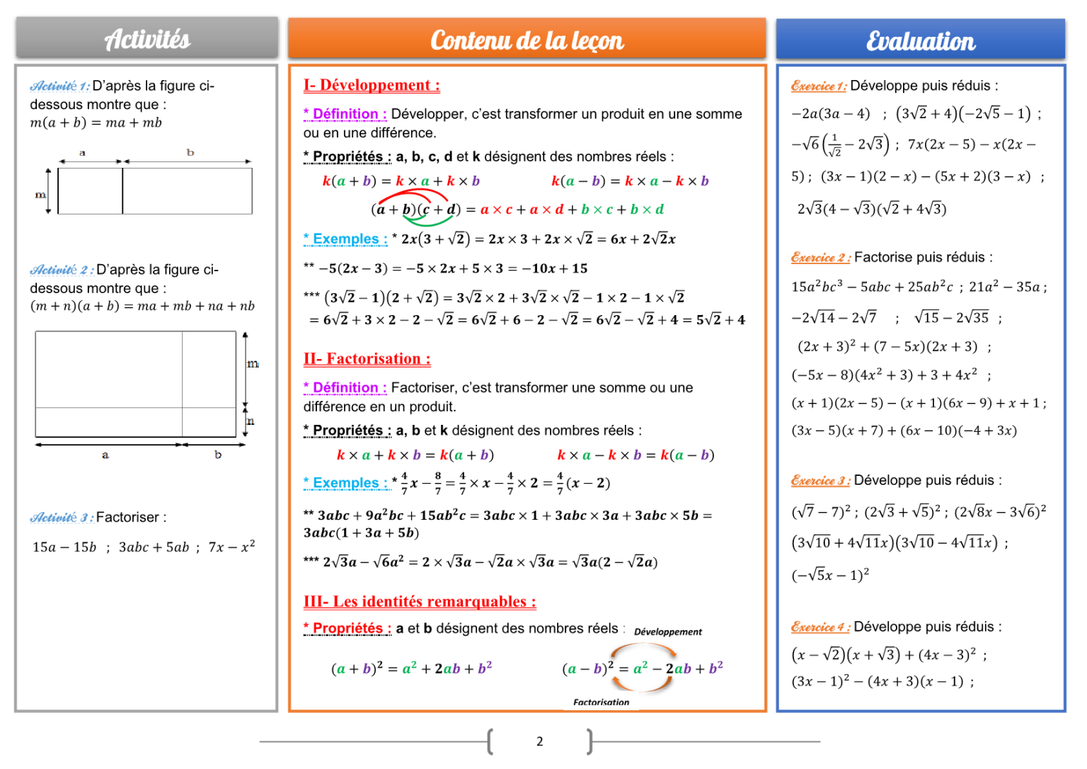 Cours Développement, factorisation et identités Remarquables الثالثة ... Cours Développement, factorisation et identités Remarquables الثالثة ...